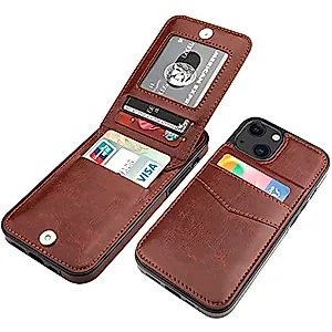 KIHUWEY Compatible with iPhone 13 Case Wallet with Credit Card Holder, Premium Leather Magnetic Clasp Kickstand Heavy Duty Protective Cover for iPhone 13 6.1 inch(Brown)