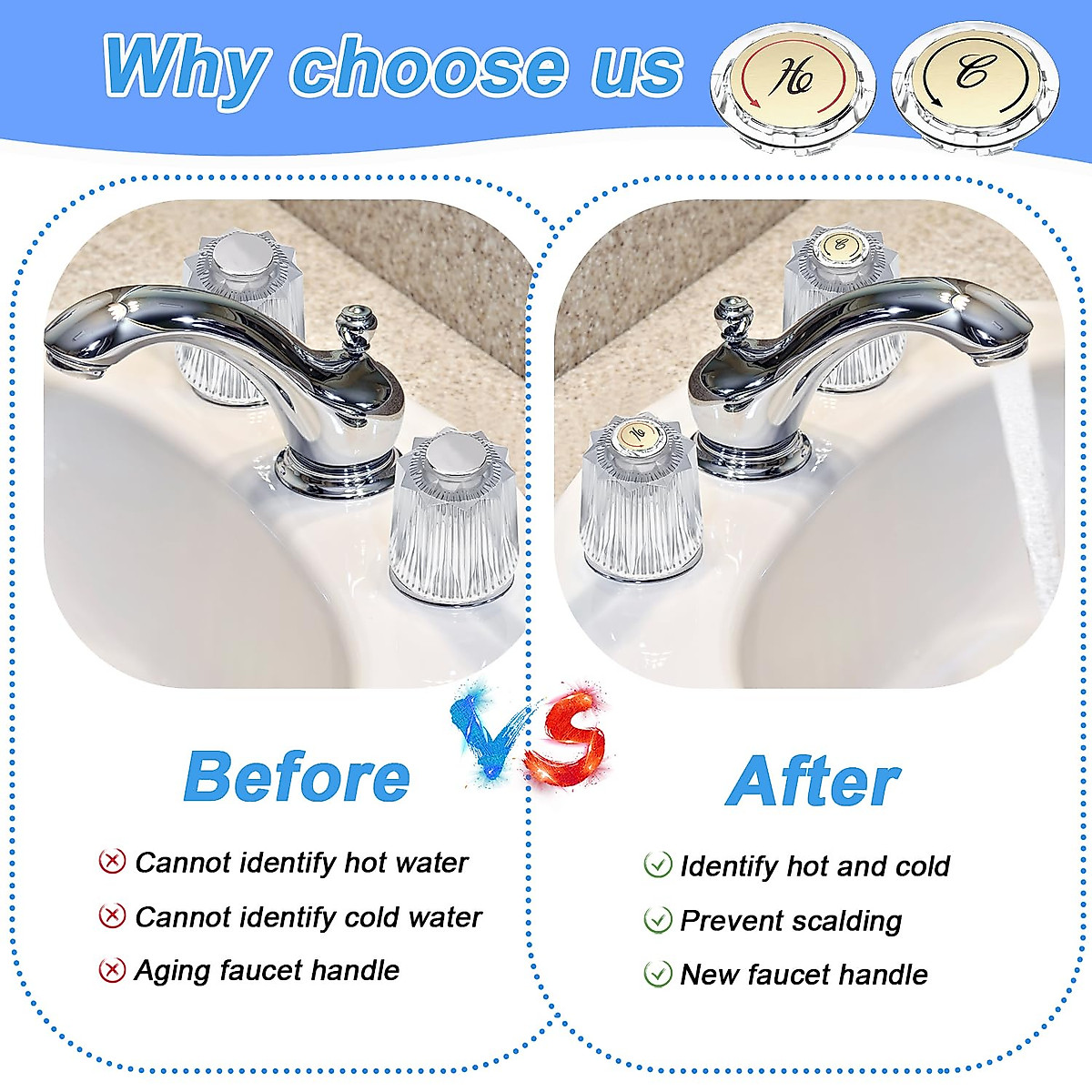 8pcs Faucet Index Buttons, 1.34 Inch Diameter Hot and Cold Bathroom Sink Shower Knobs Handle Sign Stickers Replacement Parts Caps Accessories Compatible with Delta/LDR/Delex Double Handle Faucet