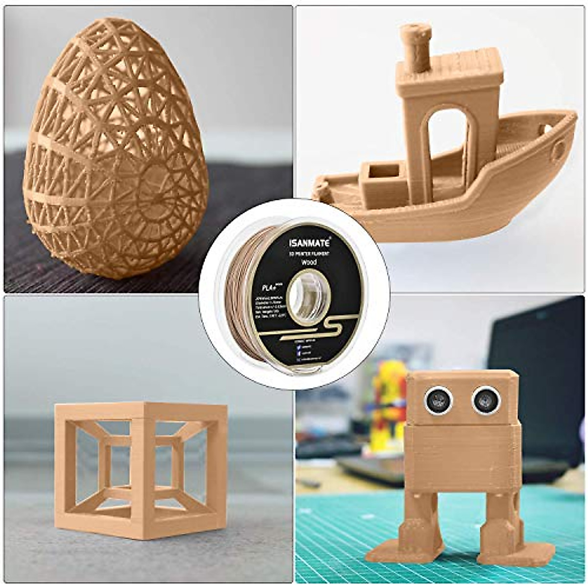 iSANMATE Wood Filament 1.75mm, PLA+ Wood Filament 1.75mm, 3D Printer Filament 1kg/Spool (20% Wood Powder+80% PLA)