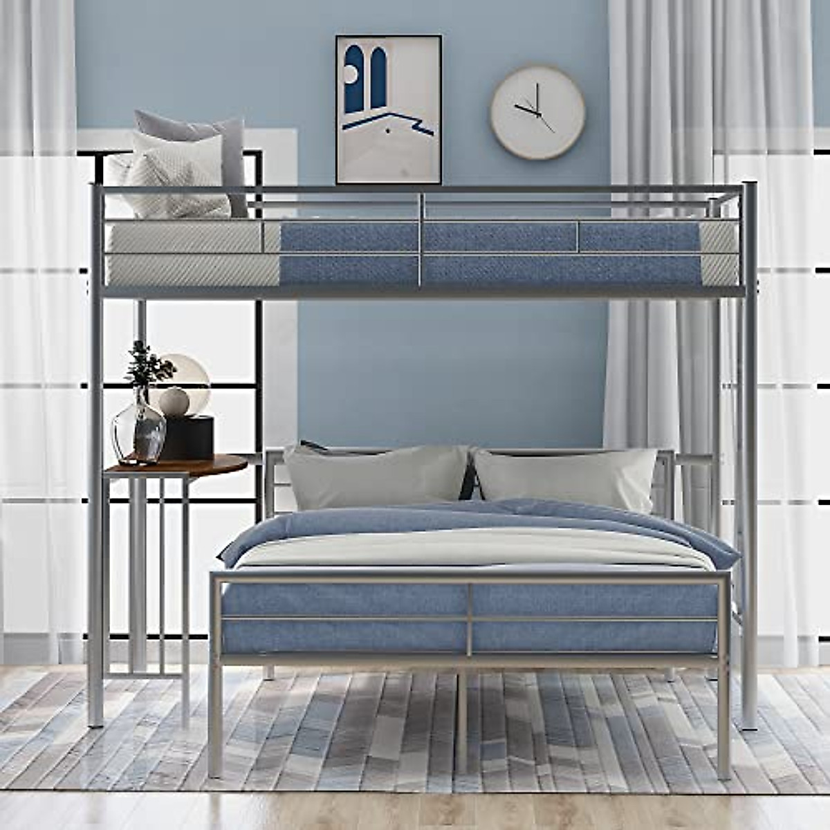 Tidyard Twin Over Full Metal Bunk Bed with Desk, Ladder and Quality Slats for Bedroom, Metallic Silver for Bedroom Dorm Guest Room Home Furniture