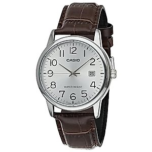 Casio #MTP-V002L-7B Men's Standard Analog Leather Band Easy Reader Day Date Watch