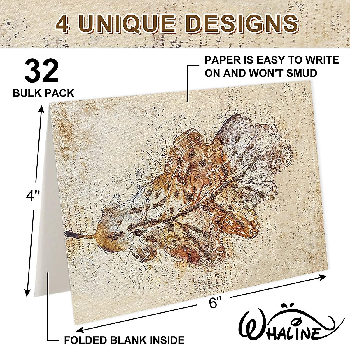 Whaline 32 Pack Fall Leaves Thank You Cards Vintage Maple Leaf Pumpkin Greeting Cards with Envelope Stickers Blank Note Cards for Autumn Harvest Thanksgiving Holiday, 4 x 6 Inch