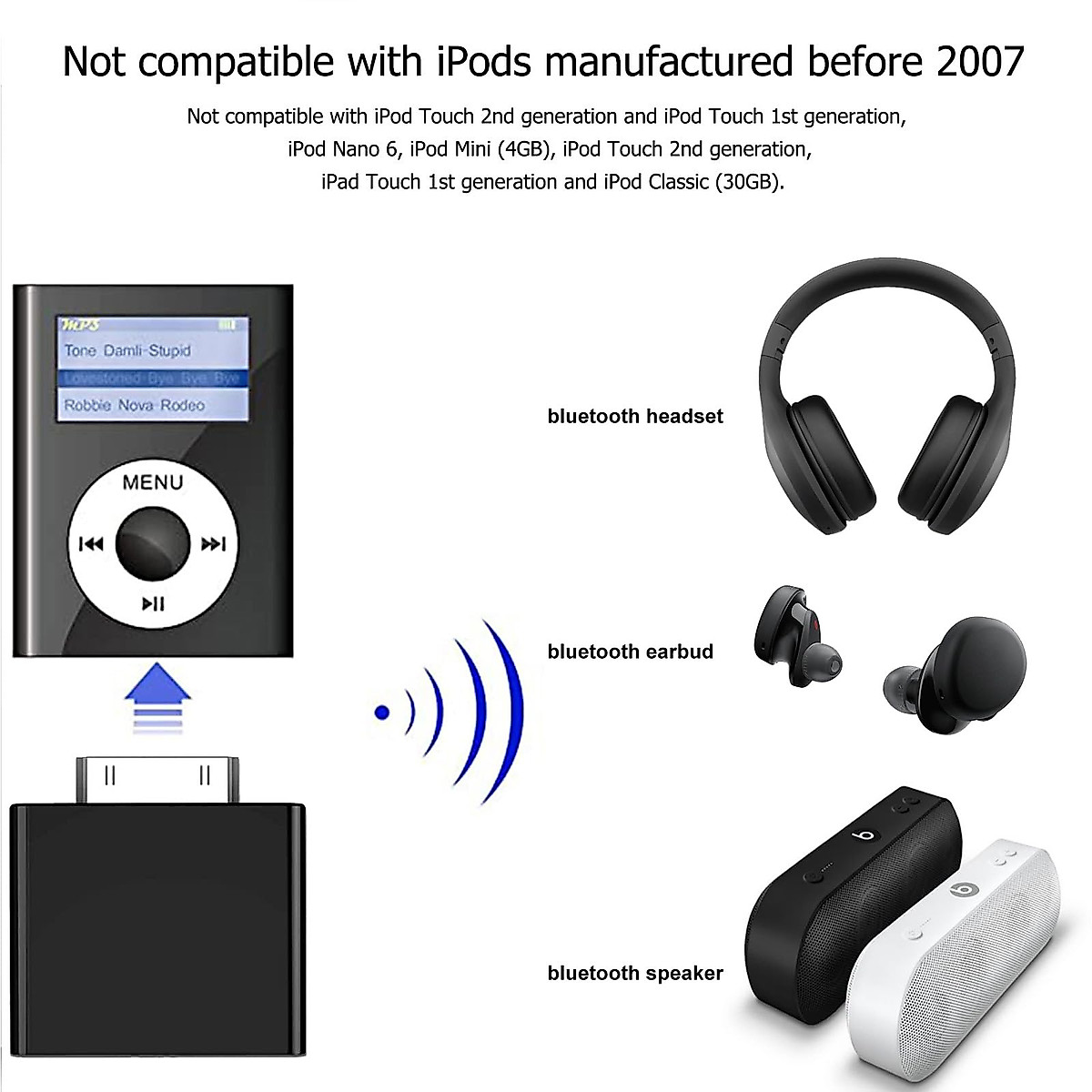 Bluetooth Transmitter for iPod Classic, Plug-and-Play Bluetooth Adapter Connector for iPod Classic 160gb, Bluetooth Adapter Compatible with iPod Classic and iPod Nano (Black)