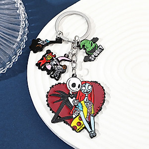 rongji jewelry Jack and Sally Charms Keychain, Horror Movie Nightmare Characters Keychain Scary Halloween Christmas Gift for Men Women Girls (Love heart)