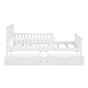 NCKMYB Kids Twin Bed with Guardrails, Low Platform Bed with Headboard and Footboard, White Children Bed Frame with 2 Drawers for Boy Girl