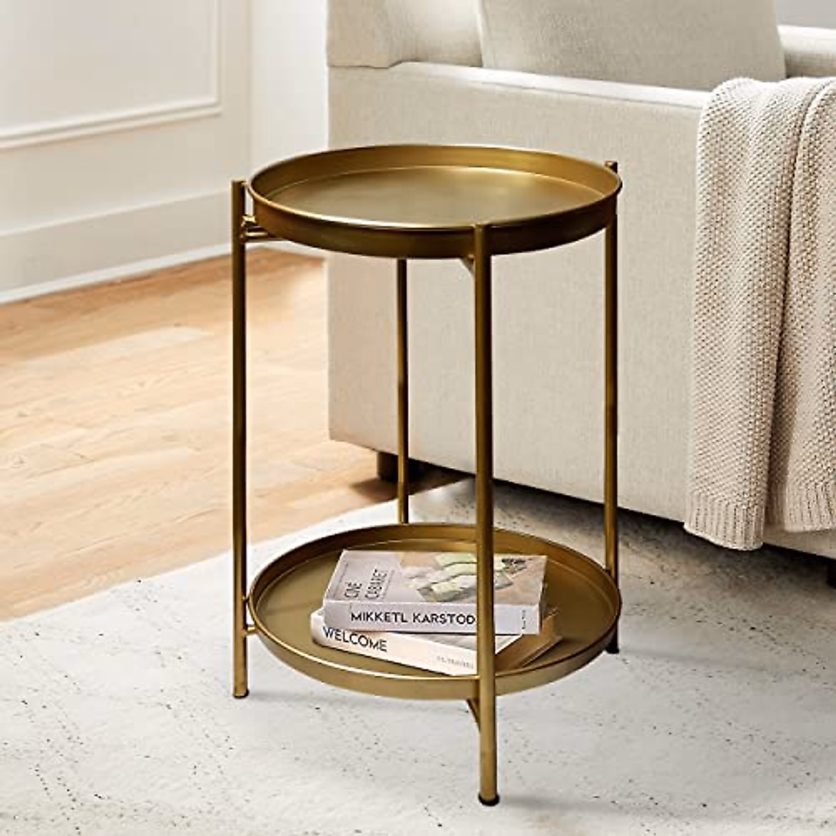 The Urban Port 20-Inch High Round Side End Table with 2-Tier Iron Frame, Matte Gold