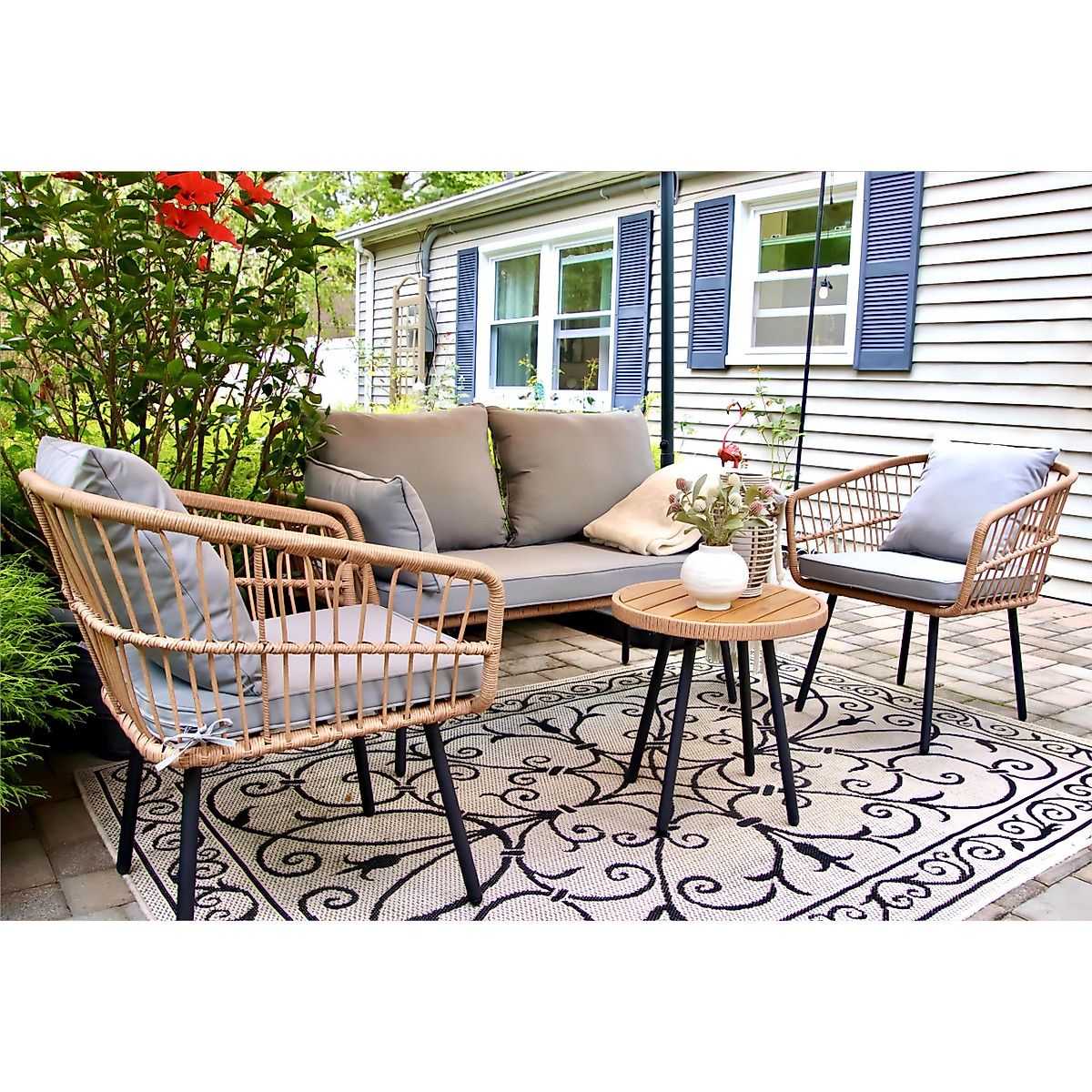 YITAHOME 4 Pieces Patio Furniture Set, Wicker Balcony Bistro Set, Outdoor All-Weather Rattan Conversation Set with Loveseat Chairs Table Soft Cushions for Backyard, Pool, Deck, Garden - Grey