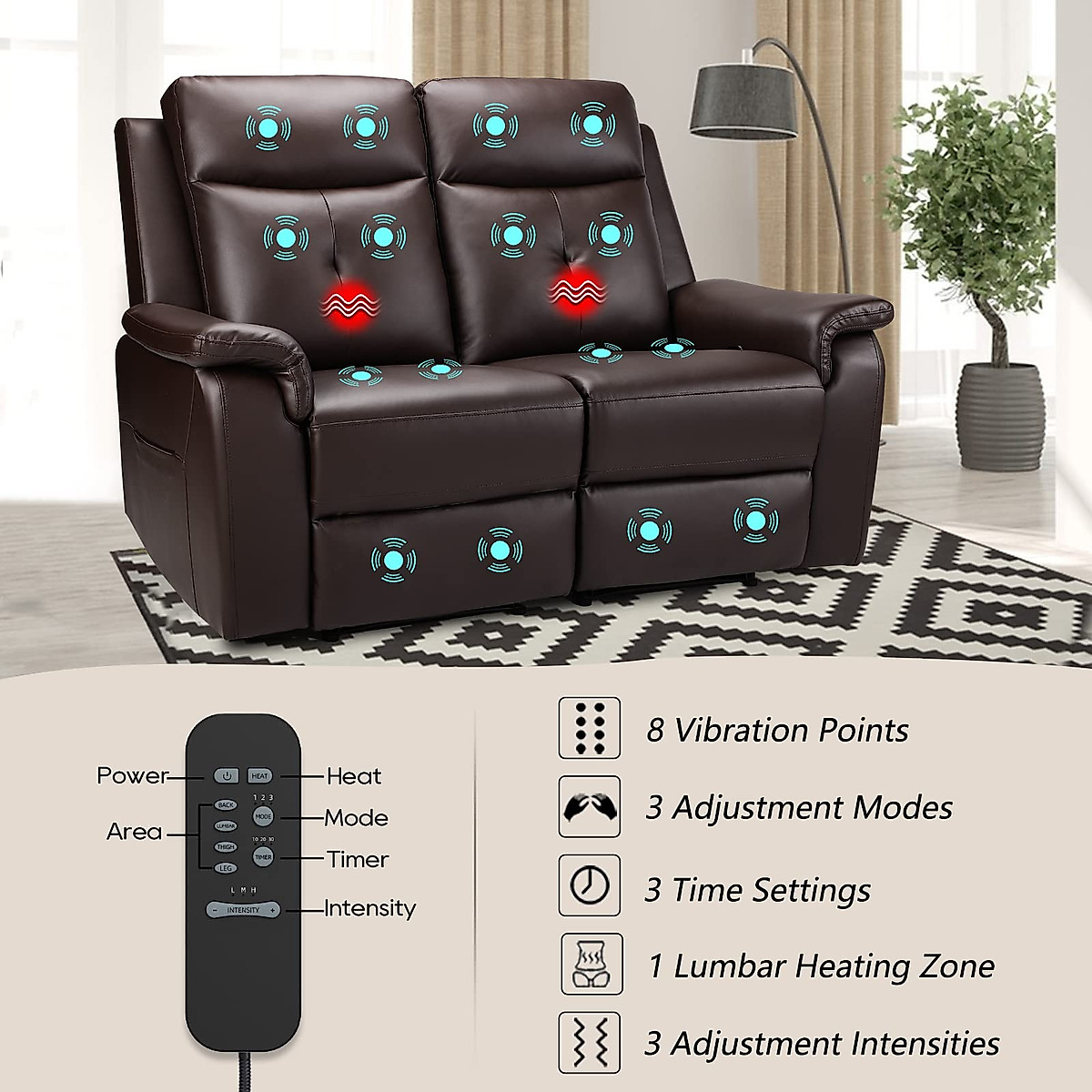 B BAIJIAWEI PU Leather Reclining Sofa - Manual Double Recliner Loveseat with Massage & Heating - 2-Seater Home Theater Seating for Living Room, Reading Room, Bedroom (Brown)