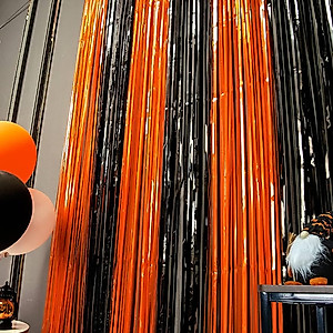 Dazzle Bright 4 Pack Backdrop Curtain, 3FT x 8FT Metallic Tinsel Foil Fringe Curtains Photo Booth Background for Baby Shower Birthday Wedding Halloween Party Decorations (Orange and Black)