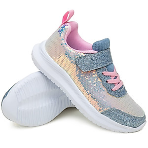 Toandon Little Girls Kids Sneakers Sequins Shoes Breathable Lightweight Elastic Band Athletic Sport Running Walking Fashion Child Strap Non Slip Hook and Loop Closure Sneakers Pink Blue Size 2