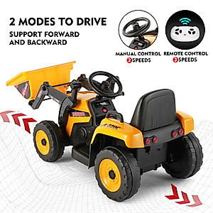 JOYLDIAS 12V Ride On Excavator with 2.4GHz Remote Control, Electric Construction Vehicle Bulldozer for Kids Digger with 3 Speeds, Bluetooth, Microphone Jack, Music, Lights, Yellow
