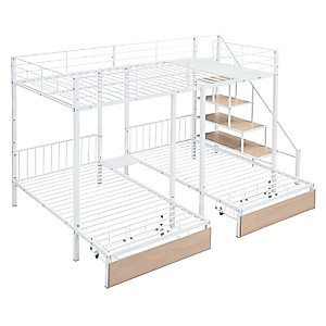 BIADNBZ Full Over Twin & Twin Triple Bunk Bed for 3,L-Shaped Metal Detachable Bunkbed Frame with Storage Stairs and 2 Drawers for Kids Teens Adults Bedroom,Space-Saving,White