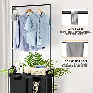 Laundry Hamper with Shelf Grey Laundry Sorter with Wheels 2 Section Laundry Hamper Cart with Hanging Rack 6 Hooks for Laundry Room Bathroom Bedroom, Rustic Grey