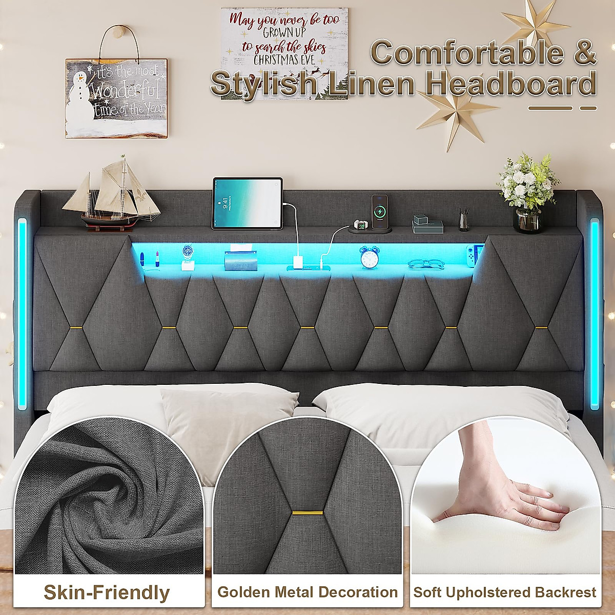 busyaeh King Floating Bed Frame with Hidden Storage Space and Charging Station, RGB Light Fabric Platform Bed with LED Light, No Box Spring Needed, Dark Gray