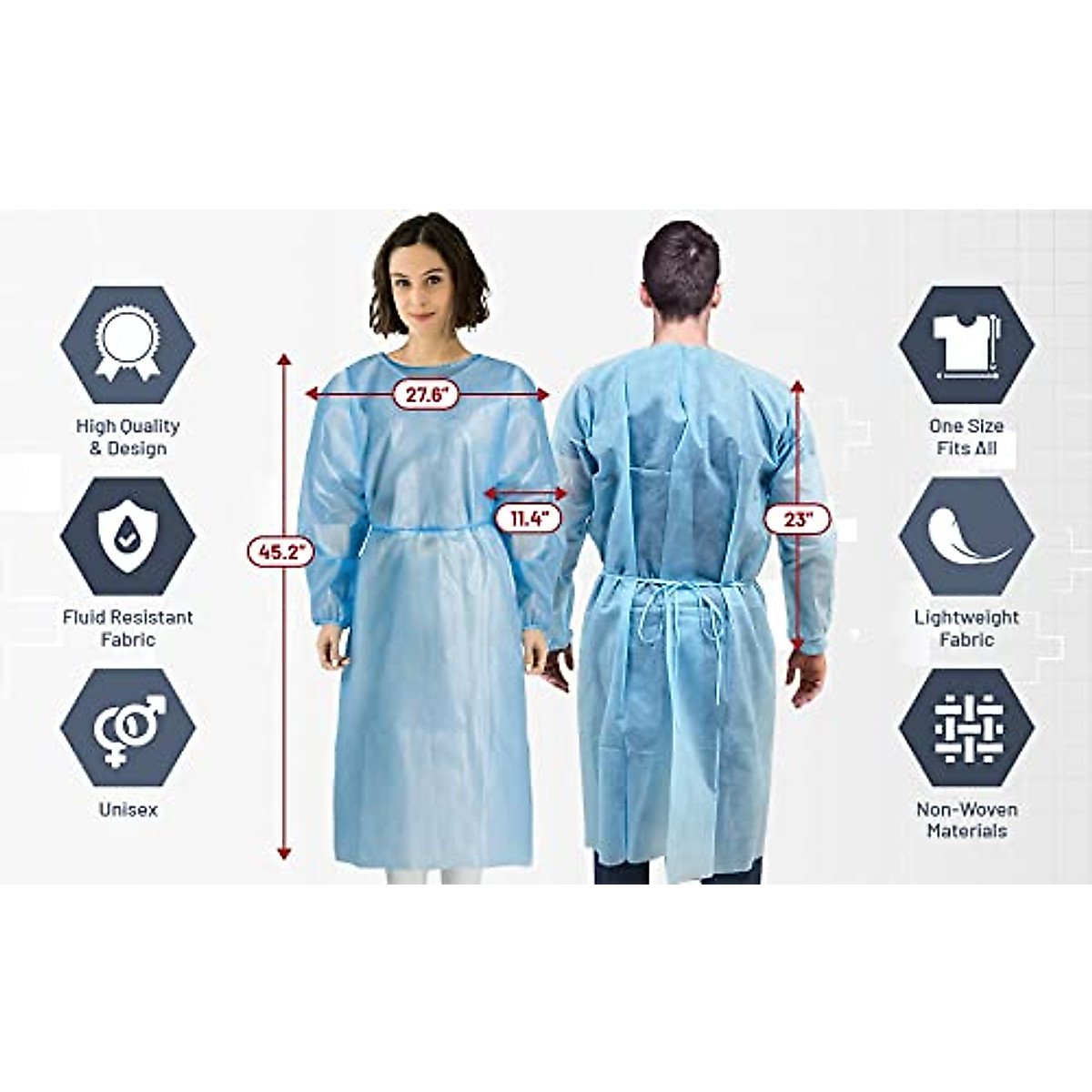 [10-Pack] Disposable Isolation Gown, FDA Registered, AAMI Level 1 PP & PE 30g, Fully Closed Double Tie Back, Elastic Cuffs, Fluid Resistant, Unisex (10), Blue