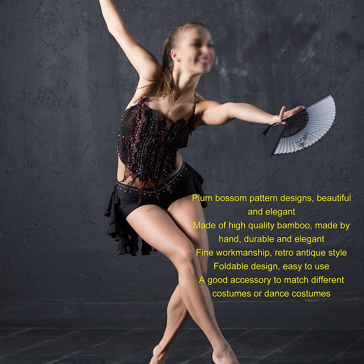 Natudeco Bamboo Fan Black Bone Plum Blossom Pattern Antique Style Chinese Folding Fan Decoration for Dance Performance Costume Accessory Gift