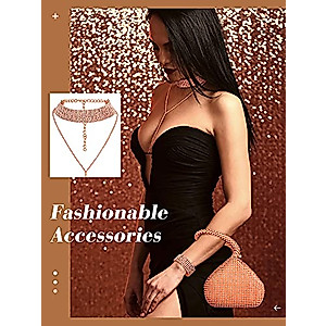 Quelay 4 Pieces Women Crystal Jewelry Set Rhinestone Tassel Necklace Stretch Bangle Bracelet Crystal Dangle Fringe Earrings and Rhinestone Handbag for Wedding Party (Medium, Rose Gold)