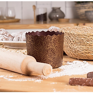 5 oz Mini Panettone Paper Mold - Easter Bread Paper Mold Paska |25 pcs| Kulich Mold Easter Bread Forms - Italian Non Stick Panettone Paper Baking Molds - Brown Design W 2.75 x H 3.35-In