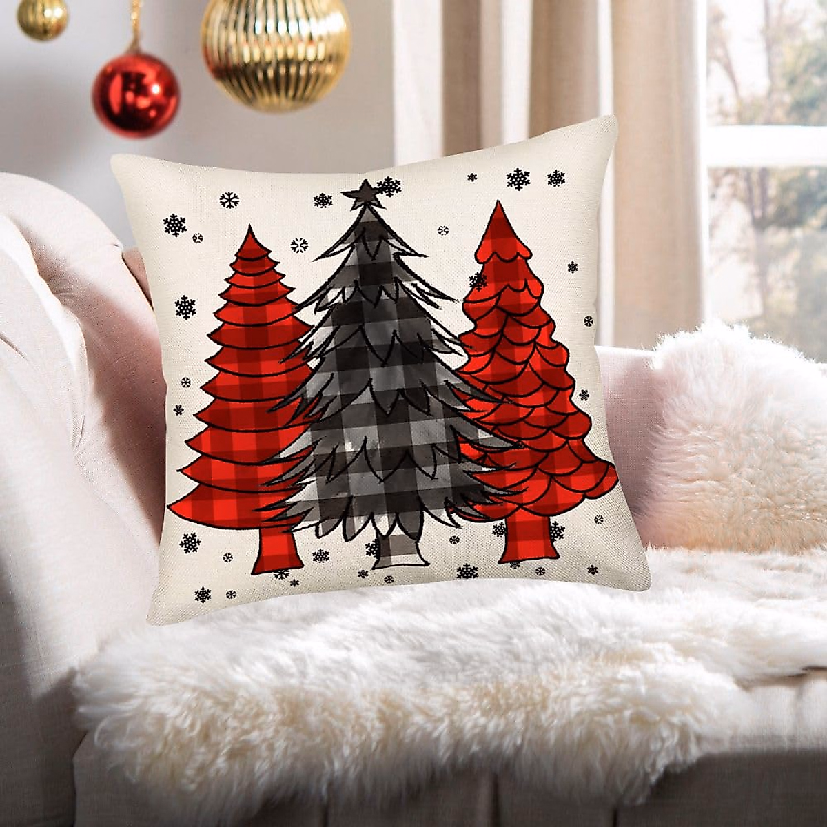 Smilyard Christmas Tree Decorations Pillow Covers 20x20 Inch Red Black Buffalo Check Plaid Snowflake Throw Pillow Cover Winter Farmhouse Decorative White Pillows Cushion Case for Home Sofa Couch