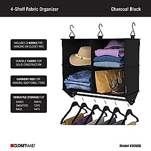 ClosetMaid 4-Shelf Fabric Hanging Closet Organizer with Garment Rod for Shirts, Sweaters, Pants, Hats, Shoes, Purses with Charcoal Black Finish