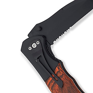 makerflo Beast Wooden Pocket Knife with a Tactical Spring-Assisted Steel Blade, Assisted Rosewood Handle, and Razor Sharp Serrated Blade with a Belt Clip on the Backside - Pack of 1