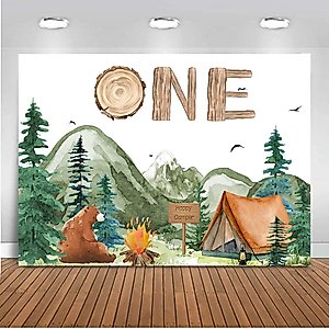 ANSHUHAI One Happy Camper Backdrop One Happy Camper Birthday Decorations Boy's 1st Birthday Party Photography Background Forest Camping Birthday Backdrop One Happy Camper Banner (8x6ft)