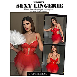 Avidlove Lingerie for Women Lace Bodysuit with Detachable Mesh Mini Skirt Push Up Teddy Lingerie Set Red