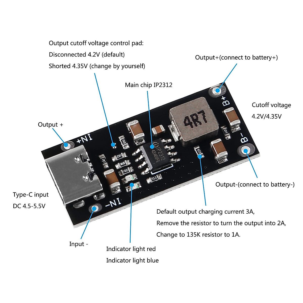 AITIAO 10pcs Type C USB 5V 3A Lithium Battery Charging Board Fast Charger Board Buck Module IP2312 CC/CV Mode 5V to 4.2V