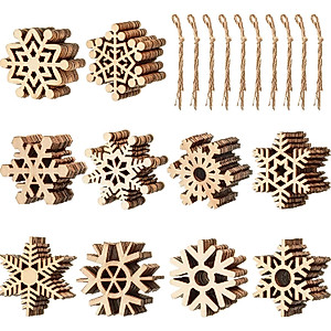 100 Pcs Christmas Unfinished Wooden Snowflake Ornaments Snowflake Hanging Cutouts Blank Wood Slices with Cord Craft Embellishments for Xmas Tree Decorations