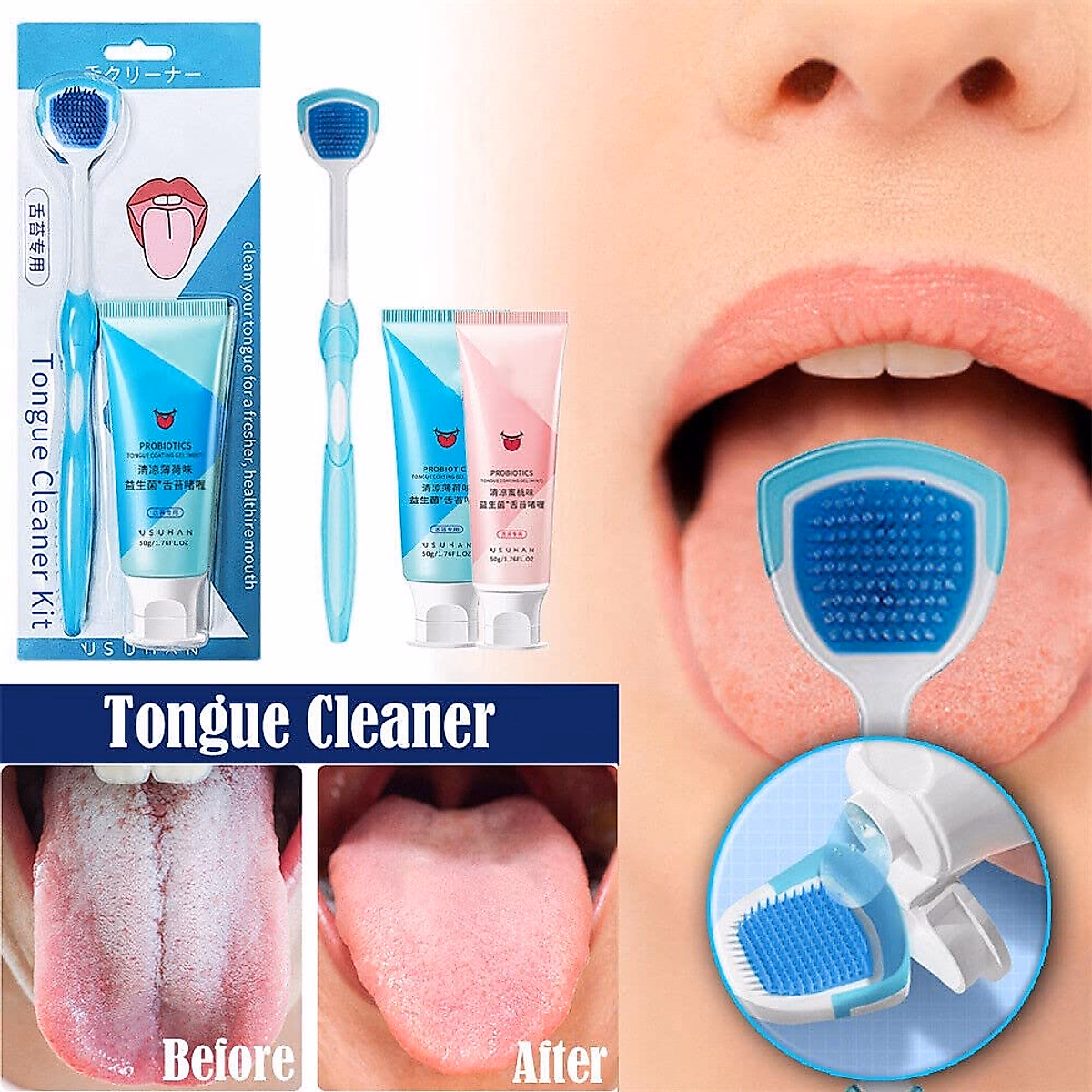 lunhaifi 2023 New Probiotic Tongue Cleaning Gel Set, Tongue Scraper Precise Cleaning Brush Kit, Easy to Use Tongue Scrubber for Men Women with 1Tongue Brush (Mint+Peaches)