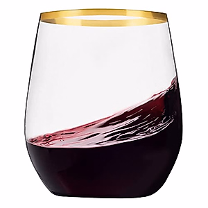 24 Pack Plastic Stemless Wine Glasses with Gold Rim, Disposable 12 Oz Clear Wine Cups – Shatterproof Recyclable And BPA-Free, Fancy Party Cups for Wedding Reception Cocktail Parties and Catered Events