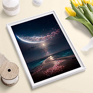 Clendo Moon Diamond Painting Kits for Adults，Moon with Flowers Diamond Art Kits Full Drill Crystal Rhinestone Diamond Embroidery Craft Kits for Home Wall Decor Inch12X16