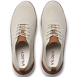 VILOCY Men's Casual Dress Sneakers Oxfords Business Shoes Lace Up Lightweight Comfortable Breathable Walking Knit Mesh Fashion Sneakers Tennis Beige,EU44