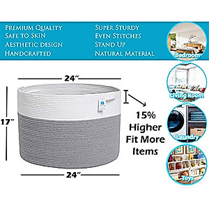24" x 24" x 17" Max Size Large Cotton Rope Basket, Extra Large Storage Basket, Woven Laundry Hamper, Toy Storage Bin, for Blankets Clothes Toys Towels Pillows in Living Room, Baby Nursery, Grey