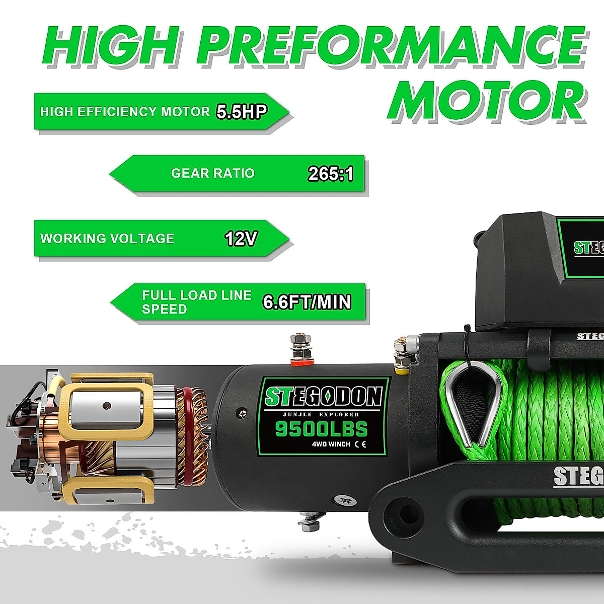 STEGODON New 9500 lb. Load Capacity Electric Winch S2,12V Waterproof IP67 Electric Winch with Hawse Fairlead, Synthetic Rope Winch with Wireless Handheld Remote and Wired Handle