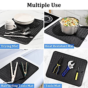 Elyum Dish Drying Mat, Silicone Drying Mat Heat Resistant Dish Mat Non-Slip Easy Clean Drying Mats for Kitchen Counter Sink(16" x 12'', Black)