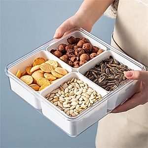 Qushy White Square Plastic Divided Serving Tray with Lid, 4 Compartments Snack Tray Serving Platter for Biscuits, Fruit, Veggie, Candies and Hot Pot