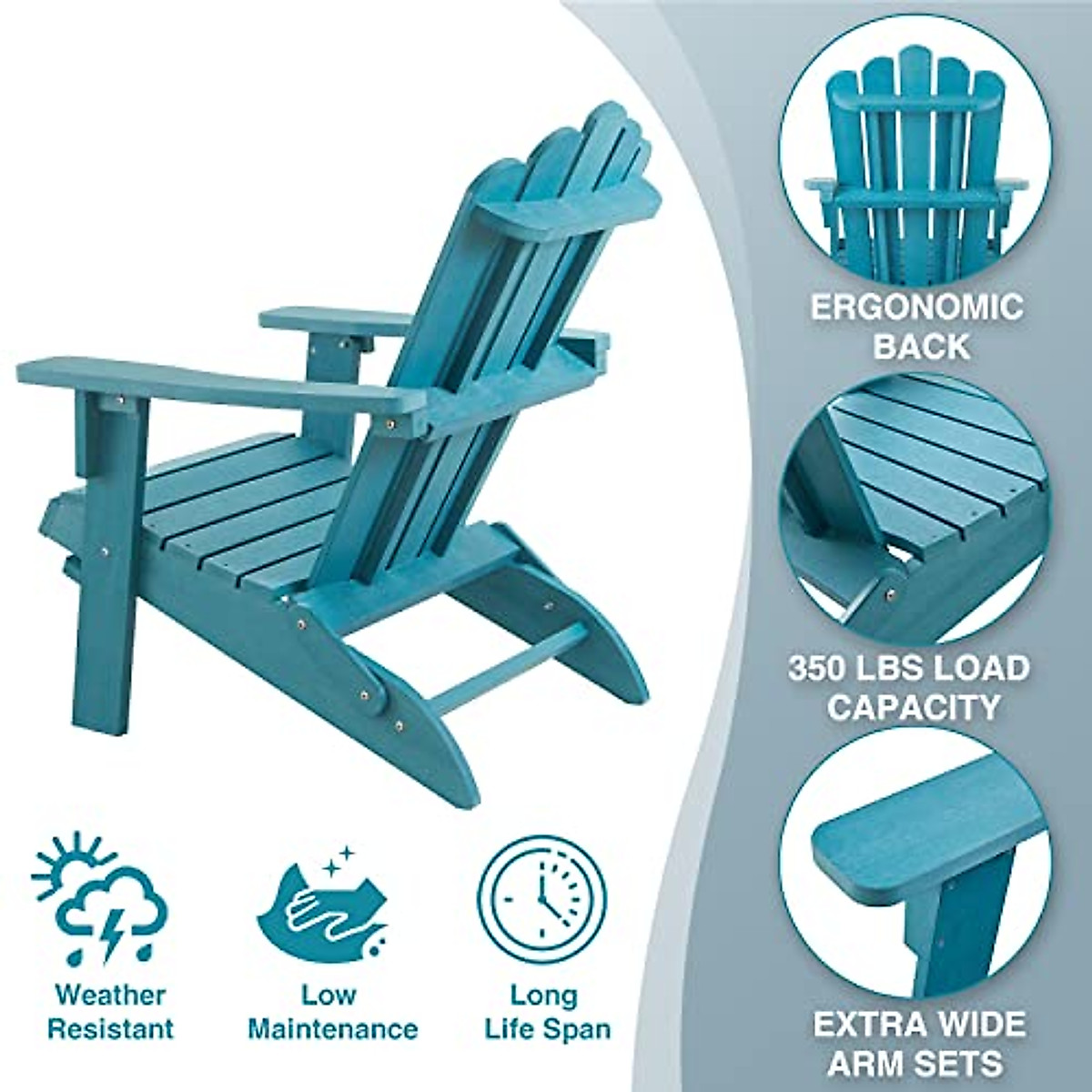 ACUEL Folding Adirondack Chair, Poly Lumber Fire Pit Chair, Durable All-Weather Patio Chairs for Garden, 350 Lbs Support Oversized Adirondack Chair(Blue, 1 pc)