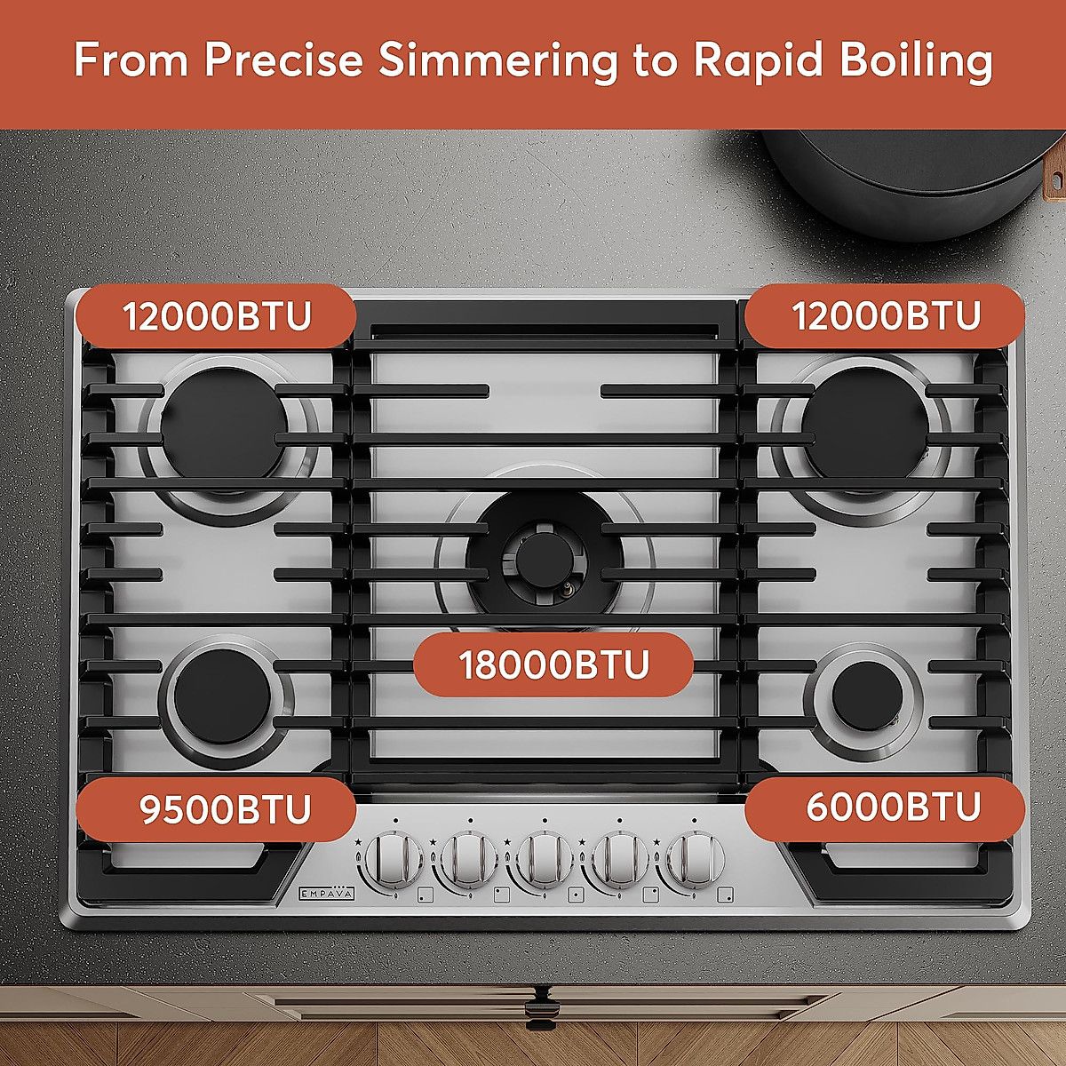 Empava 30 in. Built Cooktop in Stainless Steel with 5 Gas Stove Including A 18000 BTU Power Burner, 30IN, Silver