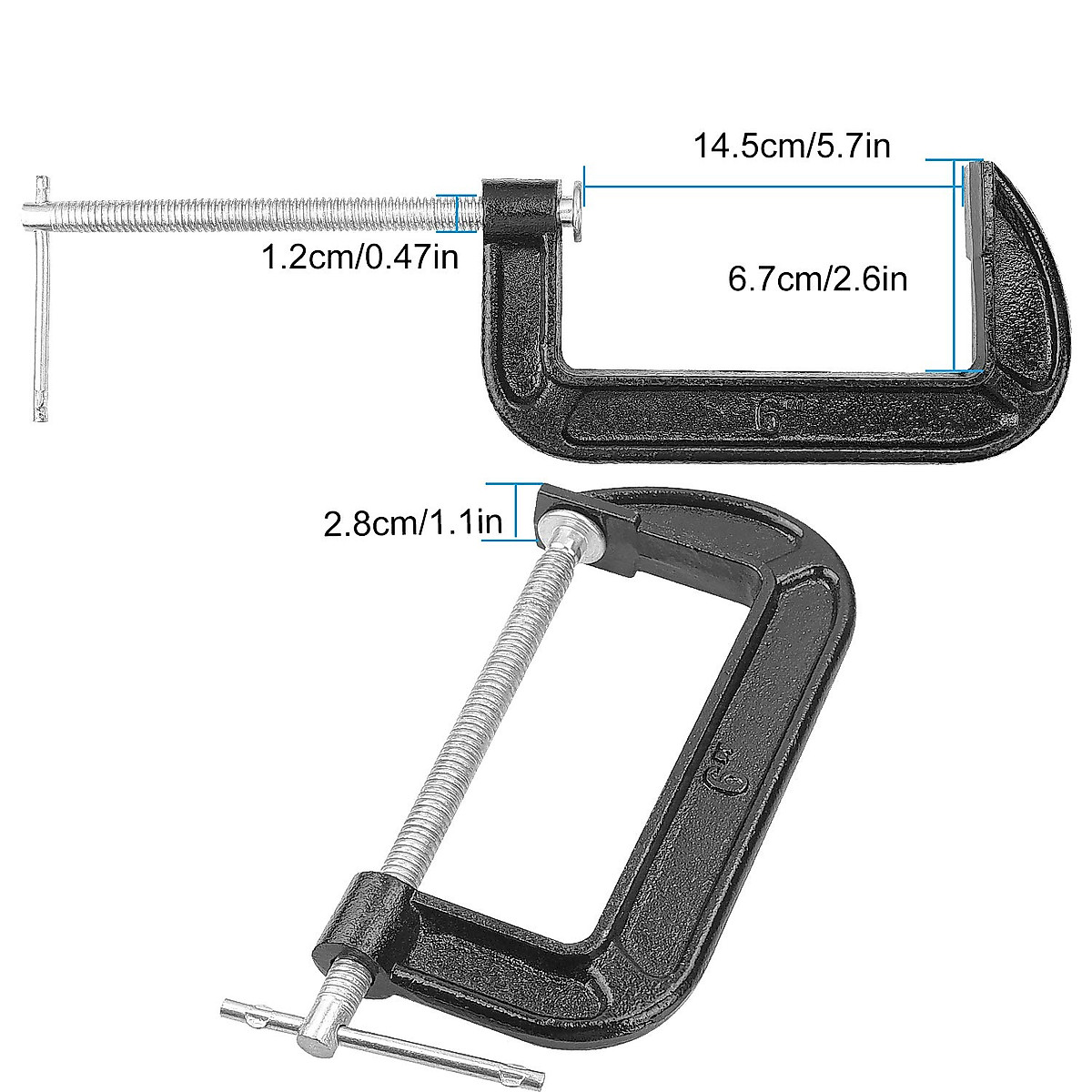C Clamp 6 inch, 4 pieces Heavy Duty C-Clamp with Sliding Bar, Malleable Iron C Clamps Set for Woodworking, Welding, Automotive Repair, 2-5/8-Inch Throat Depth, 6-Inch Jaw Opening