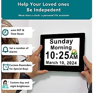Véfaîî 2024 New, Digital Clock 2.0 with 30 Alarms, Auto DST, DIY Custom Reminders, Sun Moon Icon & AM/PM, Auto Brightness, Memory Function, Easy to Read, 8" Large Display