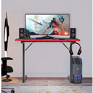 YYkokocat Small Gaming Desk 35 Inch PC Computer Desk with Headphone Hook Z Shaped Home Office Table Gamer Workstation for Small Spaces Gamer Desk Carbon Fiber Texture, Black Red