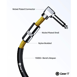 GearIT Audio Instrument Cable (10ft) Right Angle to Straight 1/4 Inch Male to Male for AMP Cord, Base and Electric Guitar - Black/White