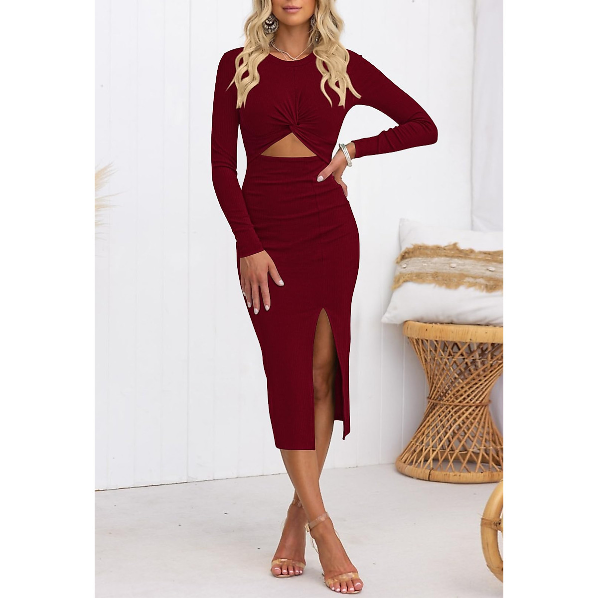 Pink Queen Knit Bodycon Dresses for Women Long Sleeve Cutout Twist Ruched Slit Christmas Date Night Midi Dress Red M