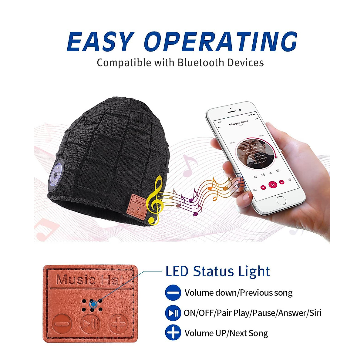 Sleep Mask Bluetooth Eye Mask with White Noise Bundle Bluetooth Beanie Hat with Light, Christmas Gifts for Men Women Dad