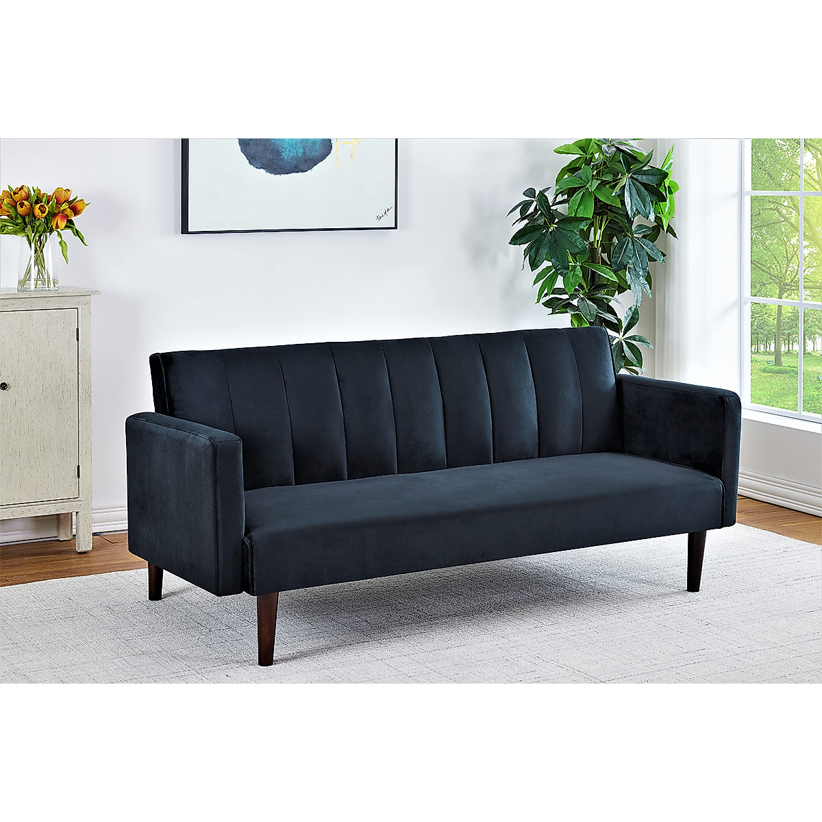 US Pride Furniture Classical Style Soft Square Arm 72’’ Wide Black Velvet Tufted Twin Size Convertible Sofa Bed with Solid Wooden Legs & High Density Foam (SB9105-9111) Sofabed