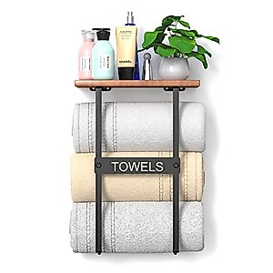 BSSOYAMM Towel Racks for Bathroom Wall Mounted, Metal Towel Holder with Wooden Shelf, Rolled Bath Towel and Hand Towel Storage Organizer for Small Bathroom