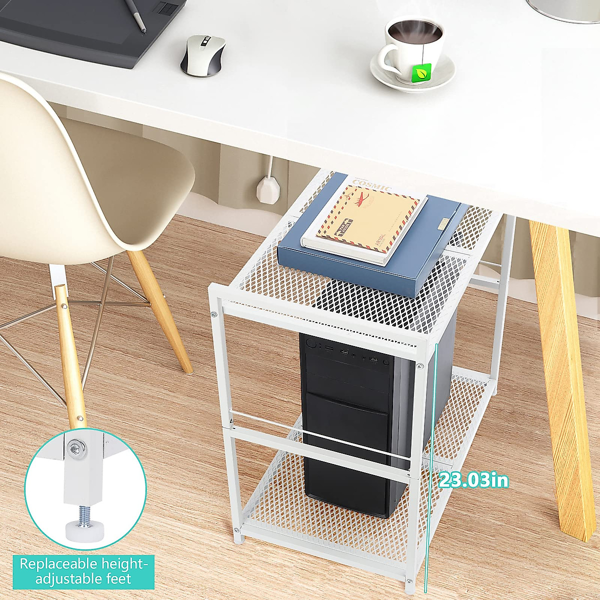 YBING Computer Tower Stand White PC Tower Stand 2 Tier CPU Holder Stand with Wheels Metal Mobile Computer Tower Cart Rolling PC Stand Floor for Fax Home Office