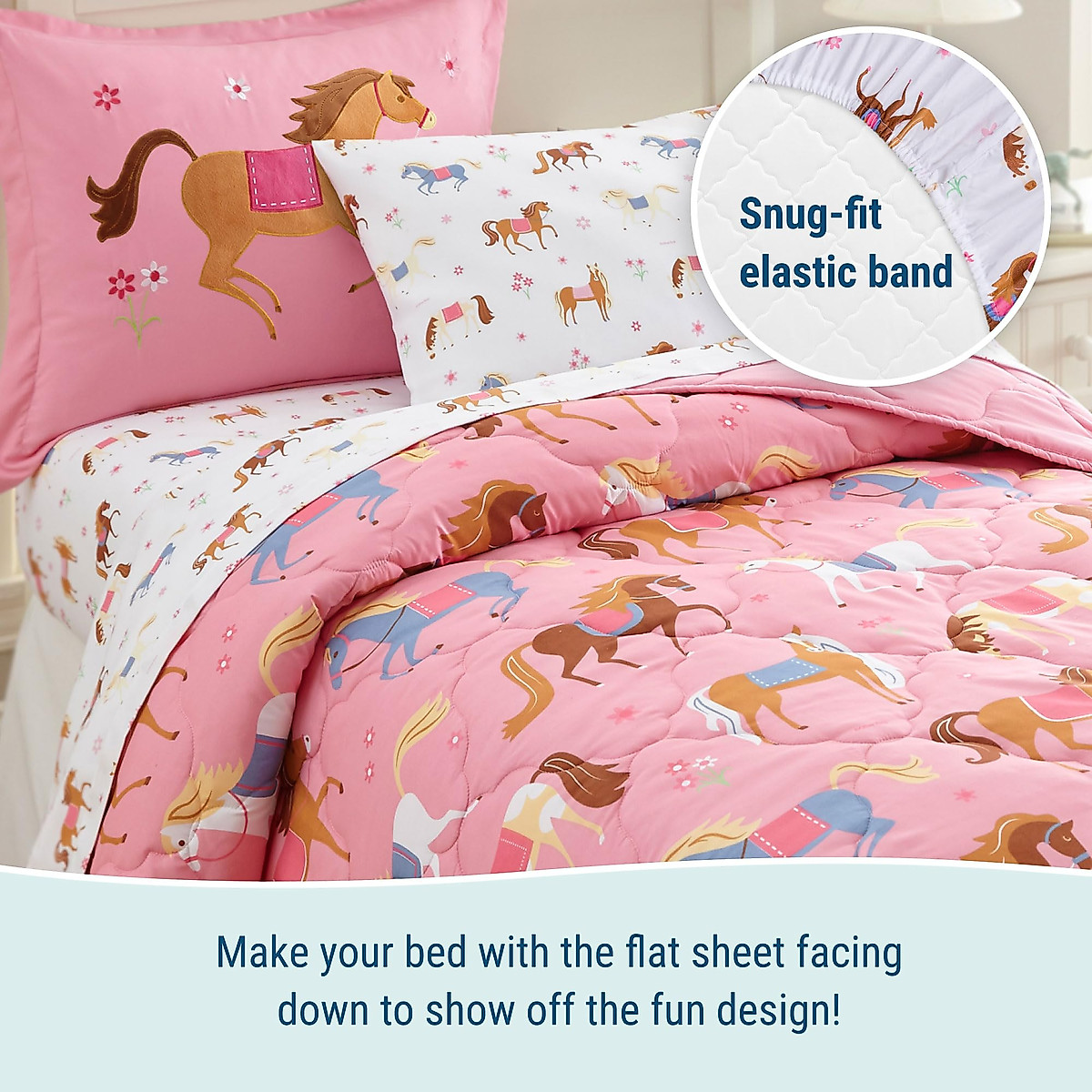 Wildkin Kids Microfiber Twin Sheet Set for Boys and Girls, Bedding Sheet Set Includes Top Sheet, Fitted Sheet, and One Standard Pillow Case (Horses)