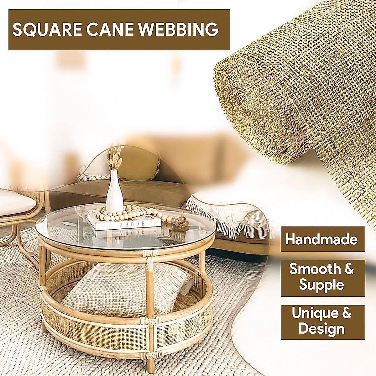 MINHKUST 16" Width Natural Square Rattan Cane Webbing Roll 8 Feet Length for Caning Projects | Pre-Woven Radio Mesh Cane Webbing Sheet for Furniture, Chair, Table, Ceiling (8 FEET)